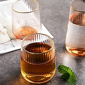 Lysenn Stemless Wine Glasses Set of 4 - Premium Hand Blown Drinking Glasses for White and Red Wine - Elegant Vertical Stripe and Gold Rim Design - Clear 15oz