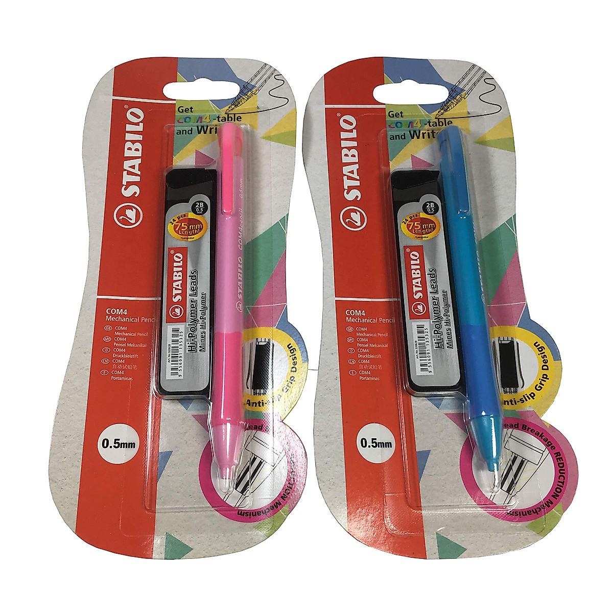 Stabilo 0.5mm Com4 Mechanical Pencil Set Triangular Anti-Slip Grip Design (2 Packs - 1 Blue and 1 Pink) + Stabilo 0.5mm 2B Hi-Polymer Lead Refills (2 Tubes - 24 Leads each Tube)