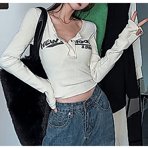 Womens Letter Print Crop Top Y2K E-Girls 90s Long Sleeve Ribbed Shirt Graphic Print Slim Fit Blouse Tops(H01-Apricot,L)