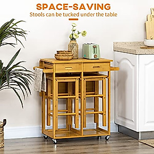 HOMCOM Foldable Dining Table Set with 2 Square Stools and 2 Drawers, Bamboo Drop Leaf Breakfast Cart, Mobile Kitchen Island Trolley Cart on Wheels, Brown