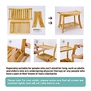 VVW Bamboo Shower Bench & Stool with Storage Shelf, Bath Benches for Inside Shower, Bathroom Stools 2-Tier Spa Seat for Adults Elderly (Beige)