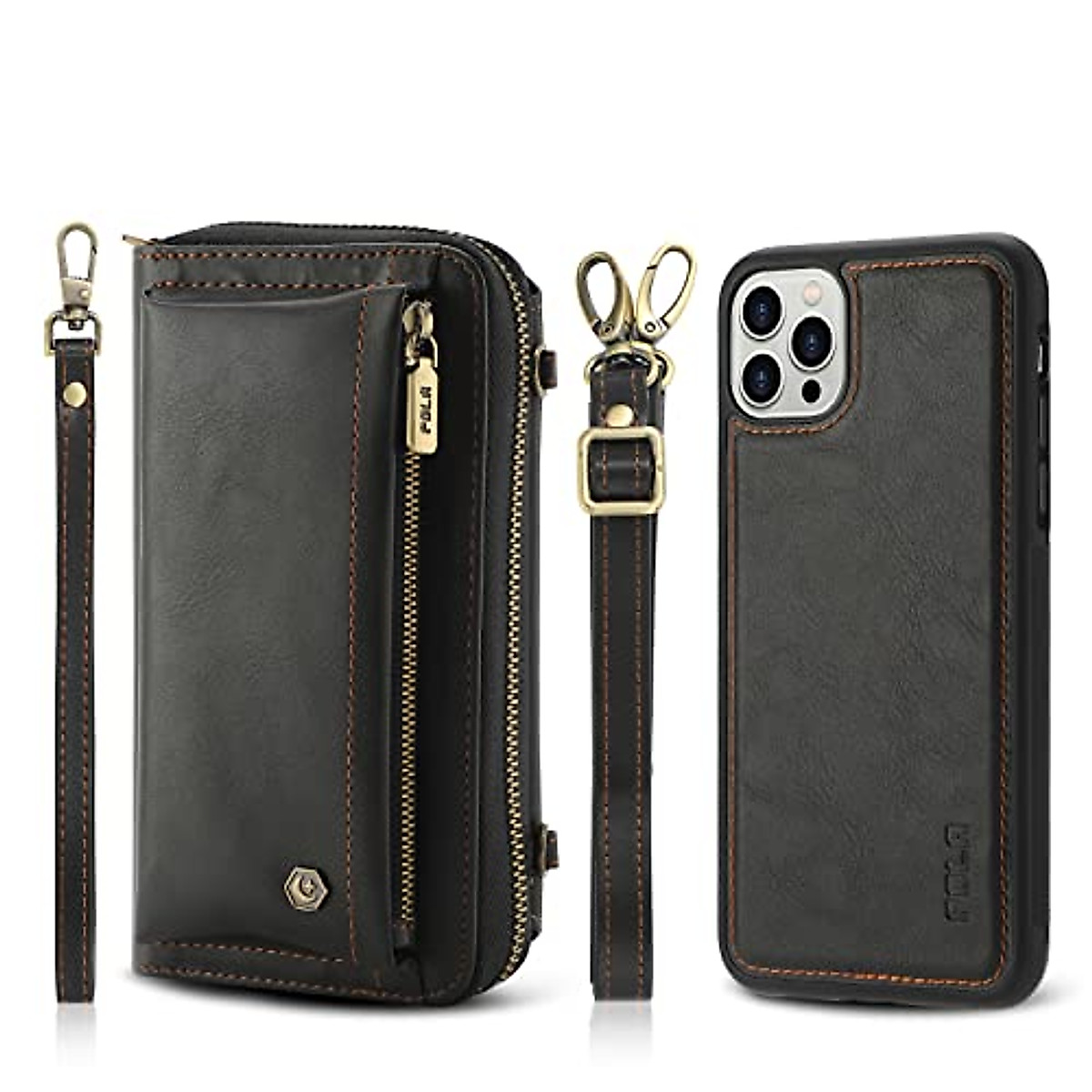 nincyee Multifunction Wallet Case for iPhone 11,Large Capacity Leather Zipper Clutch Bag Case with Shoulder Strap Black