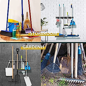 TKISZYZR Mop and Broom Holder Wall Mount Metal Pantry Organization and Storage, Mop Broom Hanger Wall Mount Garden Tool Organizer for Home Goods (4 Positions with 4 Hooks, Black)