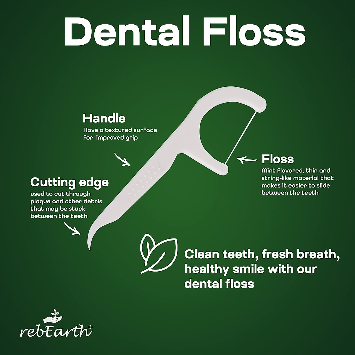 rebEarth Natural Dental Floss Picks - Oral Care Dental Pick w/Mint Flavored Toothpicks, 2-in-1 Natural Floss & Toothpicks, Plant-Based Dental Flossers, Tooth Floss Picks w/Tongue Cleaner (200 Count)