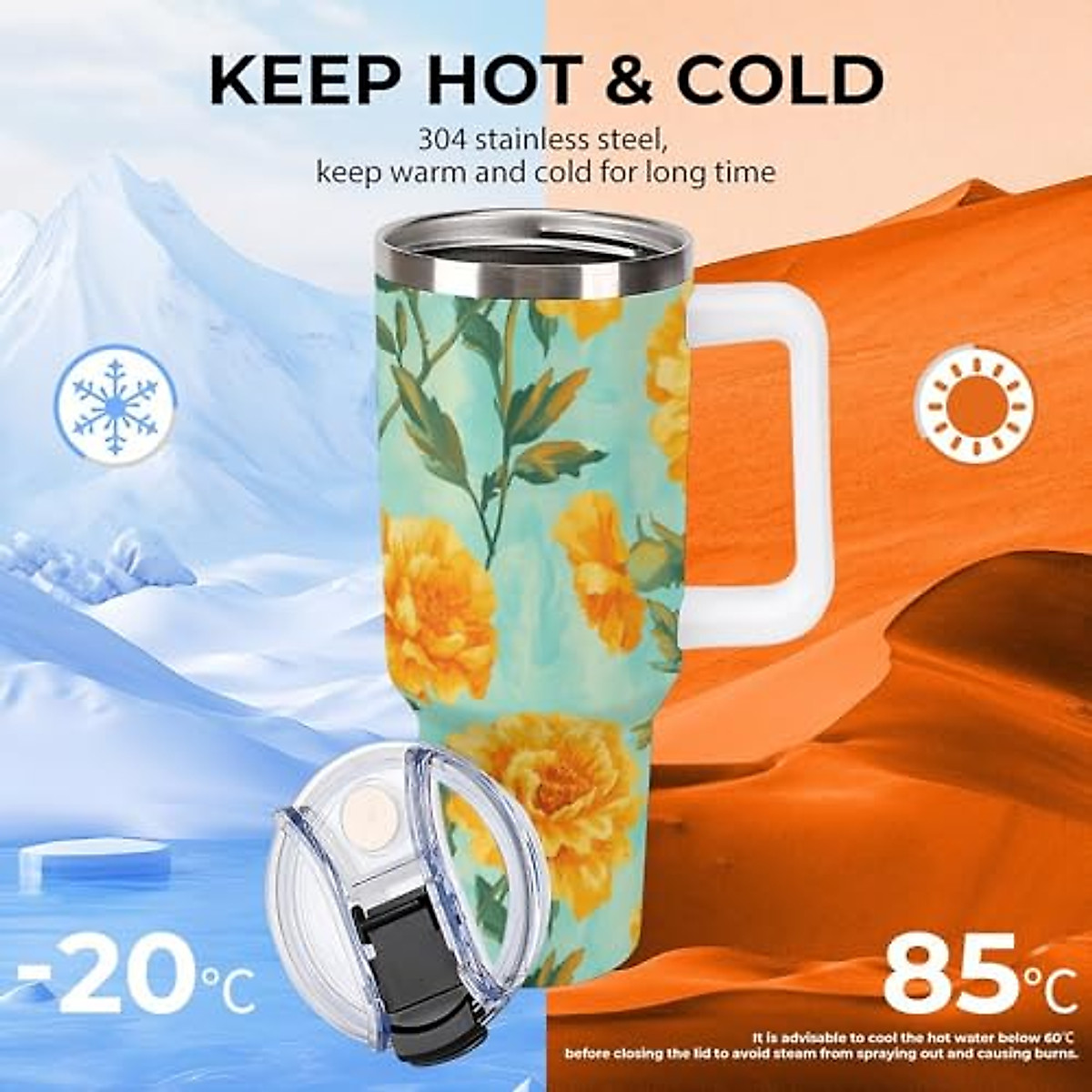 Yellow Flowers Marigolds Insulated Tumblers with Handle Stainless Steel Coffee Mug Funny Travel Cup with Lid Straw 40oz