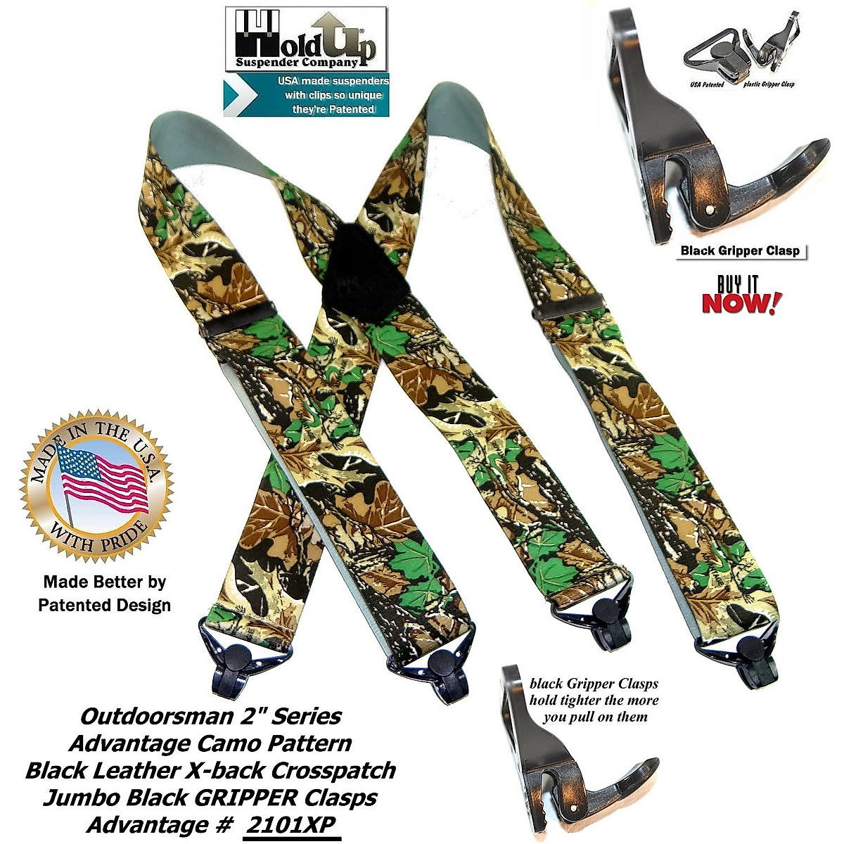 Holdup 2" Wide Outdoorsman Series Advantage Pattern Suspenders for Men with Composite Plastic USA Patented Gripper Clasp