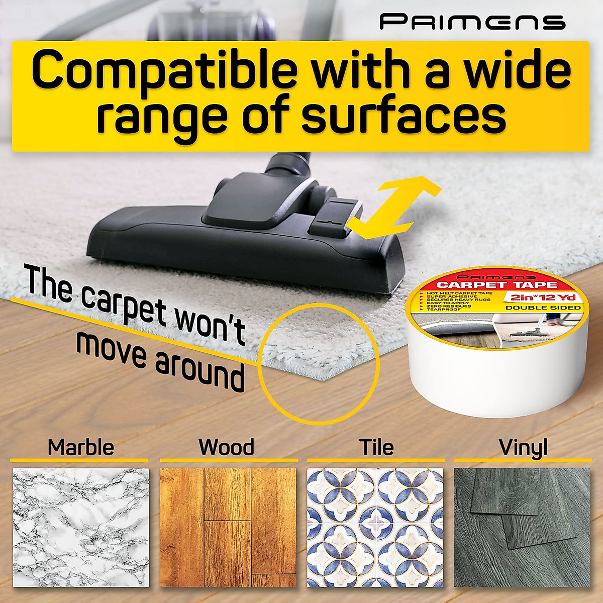Double Sided Carpet Tape - Rug Grippers Tape for Area Rugs and Hardwood Floors Safe - Carpet Binding Tape Removable, Residue Free, Strong Adhesive and Heavy Duty Stickers Tape, 2 Inch / 12 Yards