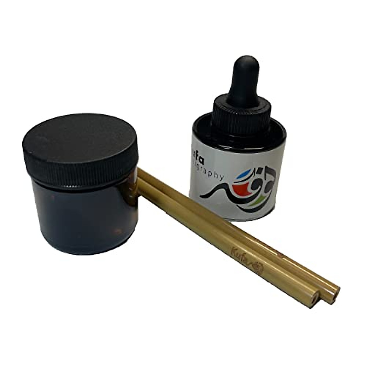Hajj Wafaa Arabic Calligraphy set 2 Reed pens, Black Ink and plastic ink jar