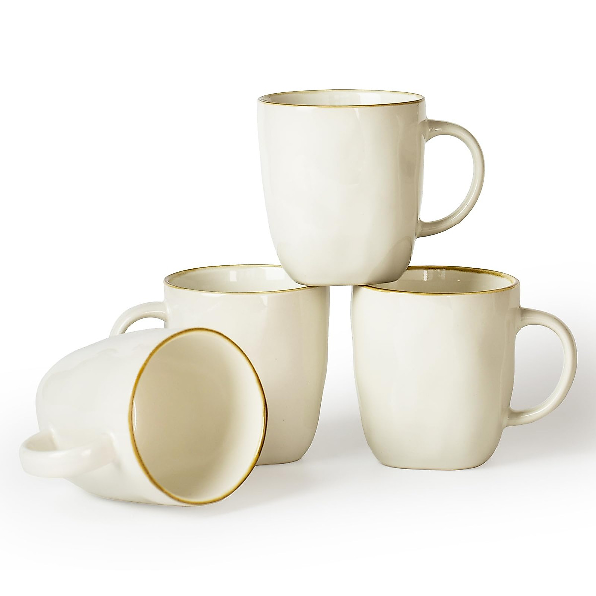 famiware Coffee Mugs Set of 4, Ocean Square 13oz Coffee Cup Set with Handle for Cocoa, Milk, Hot Chocolate, Tea, Water, Stoneware Cups for Kitchen, Microwave and Dishwasher Safe, Vanilla White