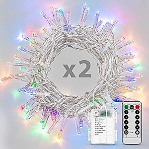 Koxly String Lights, 2 Pack Battery Operated String Lights with Remote Timer Waterproof 8 Modes 36ft 100 LED String Lights for Bedroom,Garden,Party,Xmas Tree Indoor Outdoor Decorations, Multicolor