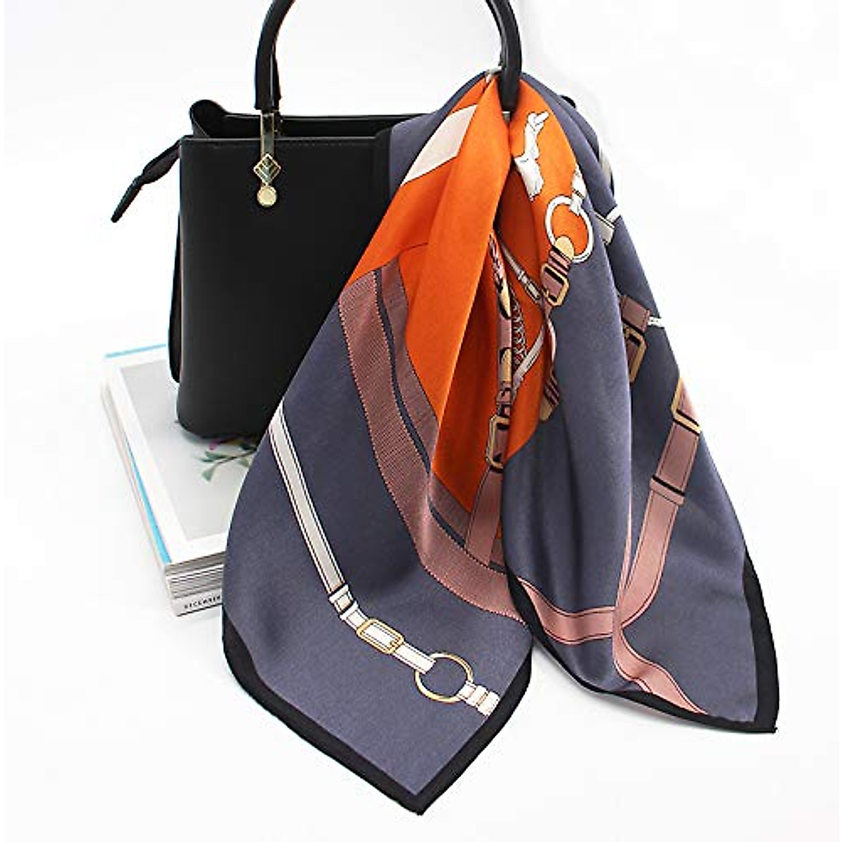 ANDANTINO 100% Real Mulberry Silk Scarf -21'' x 21''- Lightweight Neckerchief –Women Men Small Square Digital Printed Scarves (Belts-Orange-Grayish Blue)