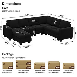 Belffin Velvet Modular Sectional Sofa with Storage Ottoman 6 Seater L Shaped Sectional Modular Sofa Couch with Reversible Chaise Convertible Corner Sectional Couch Black