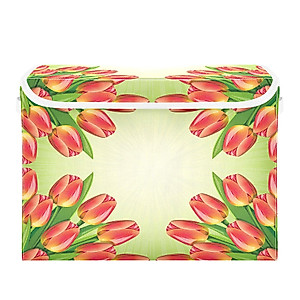 senya Large Collapsible Storage Bins with Lids, Spring Tulip Flowers Storage Baskets Organizer Containers with Handles for Nursery Clothes Toys