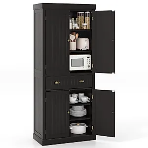 Tangkula 72" H Kitchen Pantry Cupboard Cabinet, Traditional Freestanding Large Tall Storage Cabinet with 2 Cabinets and Drawer, Adjustable Shelves, for Living Room Kitchen, 30 x 16 x 72 Inch
