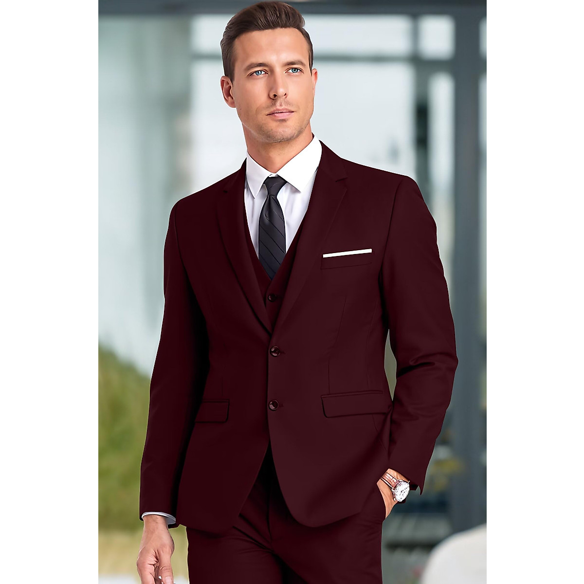 Mrkotyin Men Suits 3 Piece Suit Set Slim Fit, Dress Suits Set with 2 Button Tux Blazer Jacket Vest Pants for Party Wedding Business Burgundy-XXL
