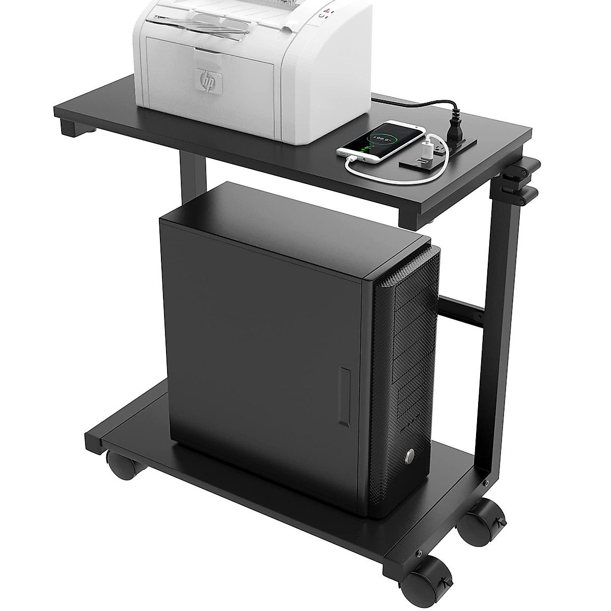 AQQEF Computer Tower Stand Stepless Height Adjustable Computer Tower Cart and PC Stand with Socket and USB Charging Port, Under Desk CPU Stand - 2 Tier