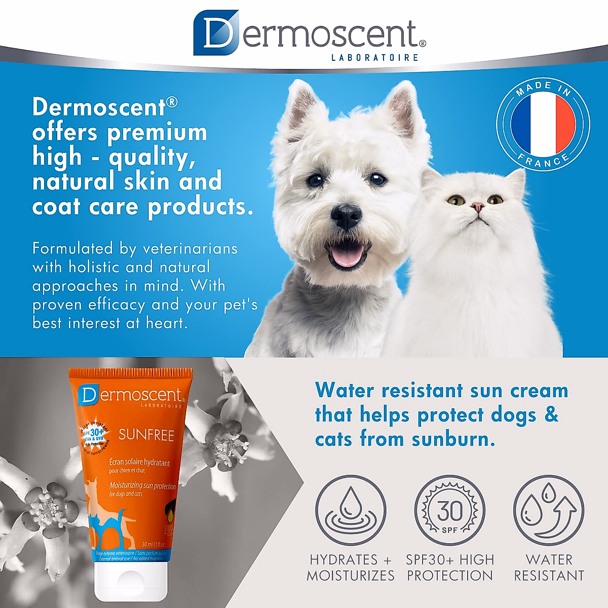 Dermoscent SunFREE SPF30+ Cat & Dog Sunscreen - Safe & Natural Mineral Sunscreen Moisturizing Sun Protection - 30 Ml / 1 Fl. Oz.