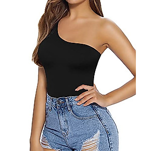 MANGOPOP Women's One Shoulder Off Sleeveless Long Sleeve Tank Top Bodysuit Jumpsuits (A Sleeveless Black, Small)
