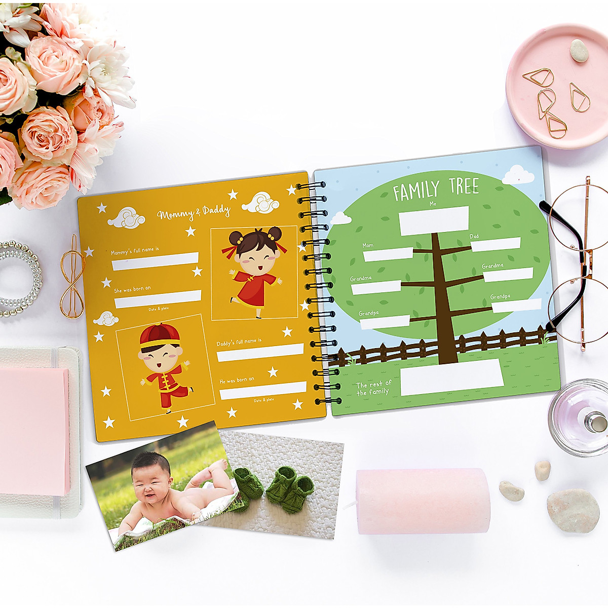 Chinese Baby's First Five Years Hardcover Memory Book - Newborn Babies 1st Year Journal and Milestones Photo Album - Perfect and Unique Gift Idea for Baby Showers and Birthday Presents