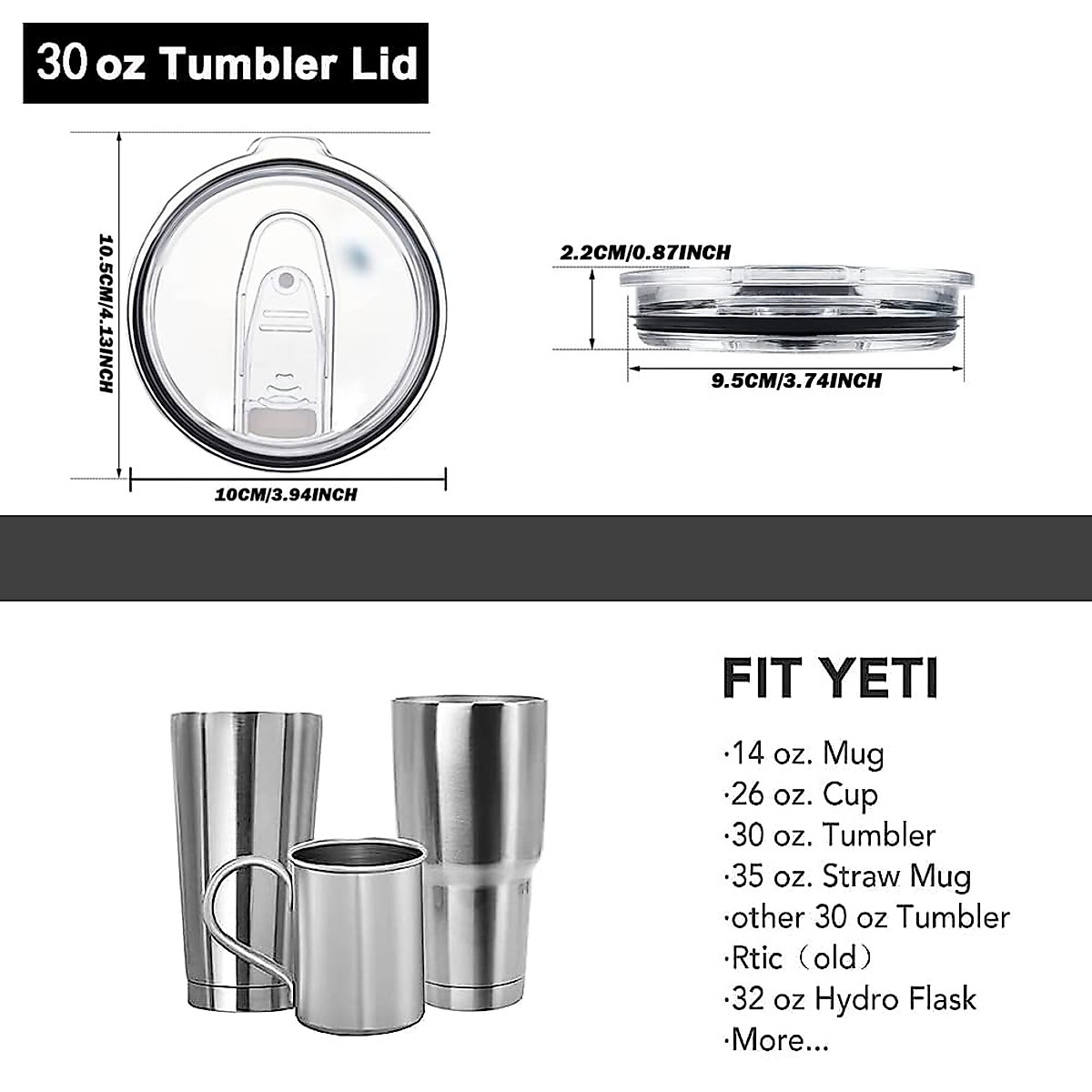 30 oz Tumbler Replacement Lid - Compatible with YETI 30 oz Tumbler, 14 oz Mug, 35 oz Straw Mug and Old Style RTIC, 1 Pack Travel Spill Proof Cup Lids