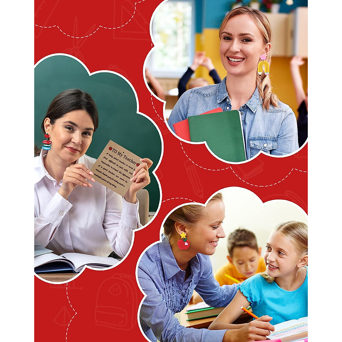 Tuitessine Teacher Polymer Clay Earrings with Appreciation Card Apple Pencil Books Crayons Jewelry for Mrs. Teacher Master Tutor Christmas Holidays Gift Basket Set of 4 Earrings in A Wrapped Box