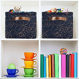 Gougeta Foldable Storage Basket with Handle, Floral Rose Peony Flower Navy Blue Rectangular Canvas Organizer Bins for Home Office Closet Clothes Toys 1 Pack