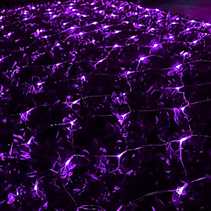 Solar Net Halloween Lights Purple, 204 LED Net Lights Outdoor Mesh Lights Transparent Wire, Solar Powered String Lights for Garden, Yard, Bushes, Trunk, Xmas Tree Decor-9.8ft x 6.6ft