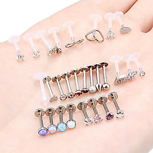 Vsnnsns 16G Lip Rings Stainless Steel Opal Labret Monroe Lip Rings Nail Cartilage Tragus Helix Earrings Studs Ring Medusa Piercing Jewelry Retainer For Women Men Silver 8mm 28PCS