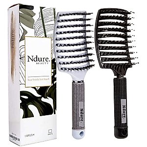 Performore Vented Boar Bristle Styling Hairstreaq Detangling Brush, Single White Brush Anti-Static Detangler, Wet or Dry Use, Fast Blow Drying, Use on Long or Short Hair. (2 Pack, White & Black)