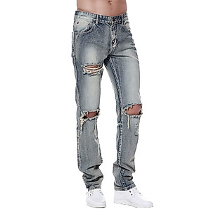 Previn Men's Ripped Denim Jeans Distressed Slim Trousers Destroy Holes Stretch Biker Pants Style1 40W x 32L