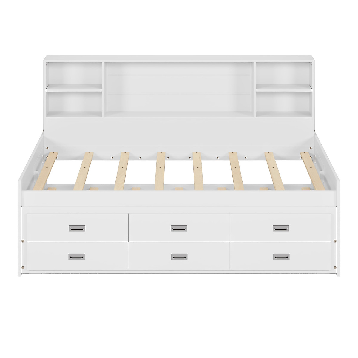 SOFTSEA Twin Size Daybed with Storage and Trundle, Twin Captain Bed with Bookcase Headboard and 3 Drawers, Wooden Daybed with Storage and Trundle Bed for Kids Teens Guests, White