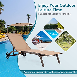 HAPPYGRILL Chaise Lounge with Wheels & Adjustable Canopy Shade, Outdoor Mobile Tanning Chair with Cup Holder, Recliner Chair for Patio Poolside Lawn Beach