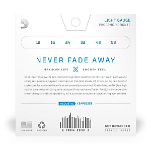 D'Addario Guitar Strings - XS Phosphor Bronze Coated Acoustic Guitar Strings - XSAPB1253 - Maximum Life with Smooth Feel & Exceptional Tone - For 6 String Guitars - 12-53 Light