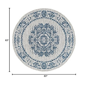 Unique Loom Outdoor Traditional Collection Area Rug - Timeworn (5' 3" Round, Blue/ Gray)
