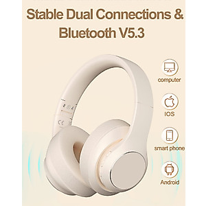 Intoberp Wireless Bluetooth Headphones Over Ear, 40 Hours Playtime Wireless Headphones with Microphone,Foldable Light Weight Headset with HiFi Stereo Sound for Travel Work (Beige)
