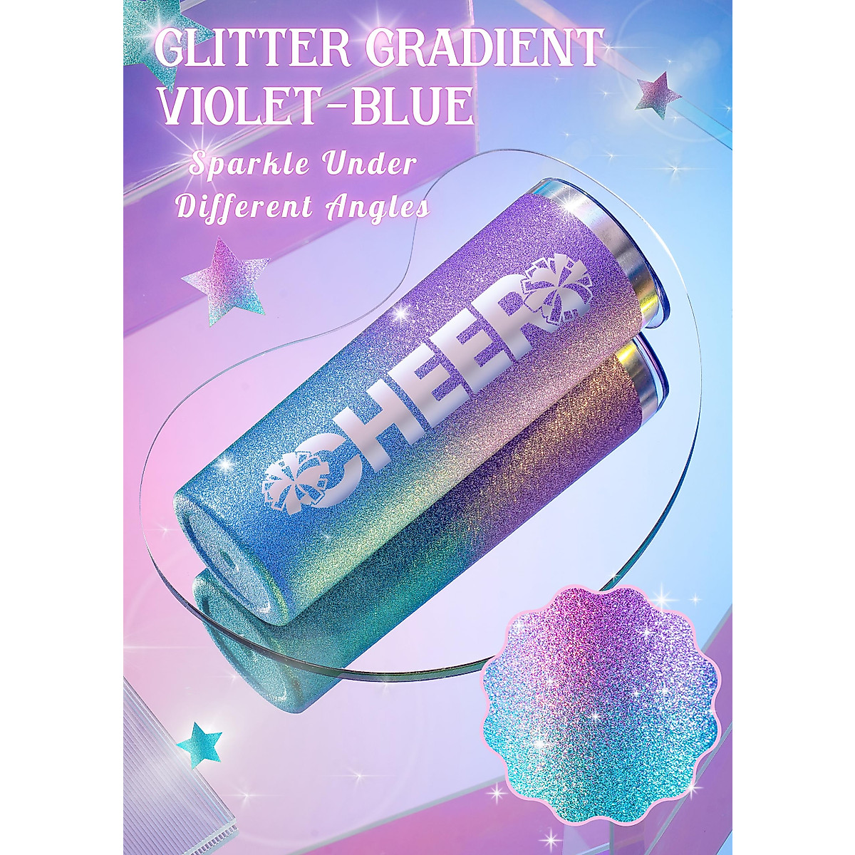 Onebttl Cheerleader Glitter Tumbler Gifts For Girls - Cheer - 20oz/590ml Stainless Steel Insulated Tumbler with Straw, Lid - Gift for Cheerleading, Coach or Cheer Squad - Glitter Purple Blue