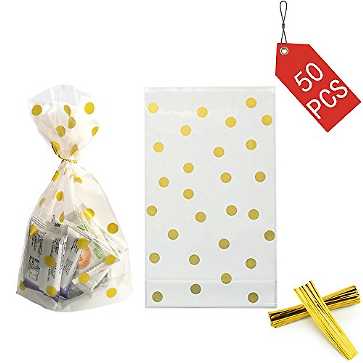 We Moment Clear Cello Bags for Treat Candy Cookie Party Favor Bags, Plastic Bags for Bakery, Cookies, Candies Chocolate,Snack Wrapping,for Wedding Shower Kid’s Birthday Party,Gold Dot,50pcs