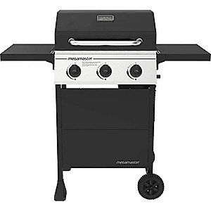 Megamaster 3-Burner Propane Gas Grill with 2 Foldable Side Tables, 30000 BTUs, Perfect for Camping, Outdoor Cooking, Patio and Garden Barbecue Grill, Silver and Black, 720-0988EA