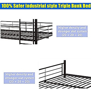 CPARTS Stronger & Upgraded Version Metal Industrial Style Triple Bunk Bed Full, Thickened More Stable Safer Steel Full Over Full Over Full Size Triple Bunkbed Frame, Faster Assemble (Sandy Black)