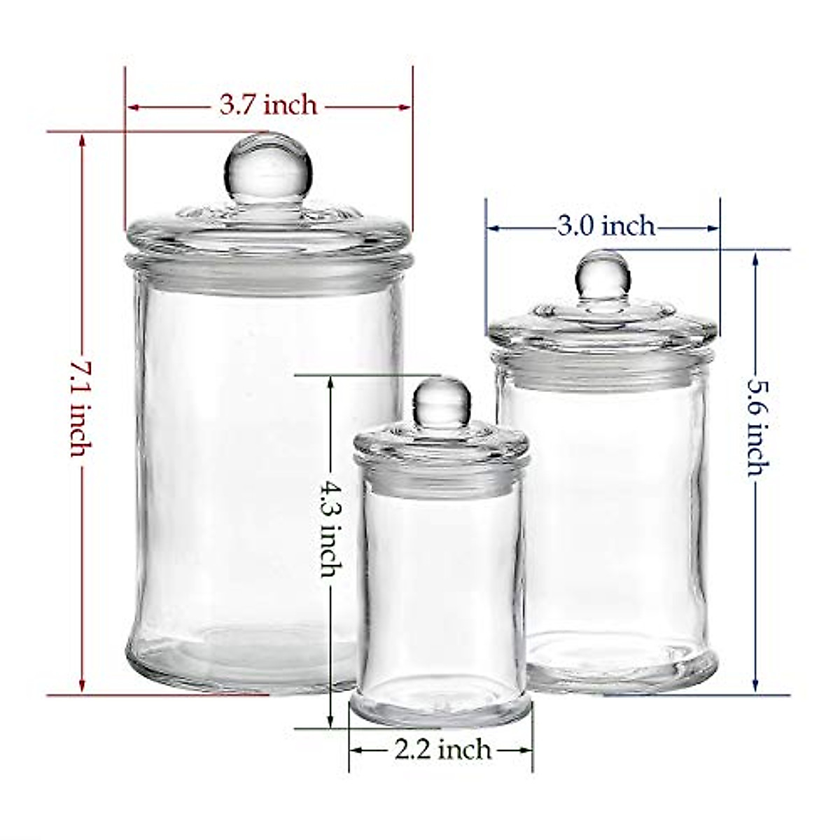 KMwares 3PCs Set Small Mini Clear Glass Premium Quality Apothecary Jars with lids Bathroom Accessories Set for Bathroom Laundry Room Storage or Kitchen / Vanity Organizer Canisters for Cotton Balls / Swabs, Makeup Sponges, Bath Salts, Q-Tips (Clear)