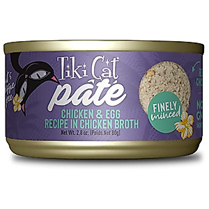 Tiki Cat Luau Pâté, Chicken and Egg Recipe in Chicken Broth, Grain-Free Balanced Nutrition Wet Canned Cat Food, for All Life Stages, 2.8 oz. Cans (Case of 12)