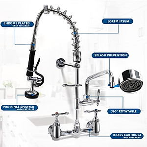MYWHITENG Commercial Kitchen Faucet with Sprayer, 8 Inch Adjustable Wall Mounted Restaurant Faucets 12" Spout Pull-Down PreRinse Faucet 25” Height Suitable for 1, 2 or 3 Compartment Sink (Solid Brass)