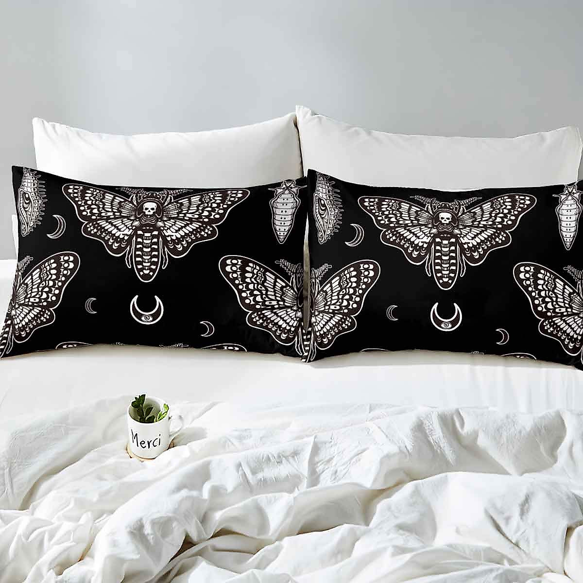 Feelyou Boys Boho Moth Duvet Cover King Size Men Gothic Skull Bedding Set for Girls Women Bedroom Decor Bohemian Moon Star Comforter Cover Personalized Moth Skull Skeleton Bones Bedspread Cover 3Pcs