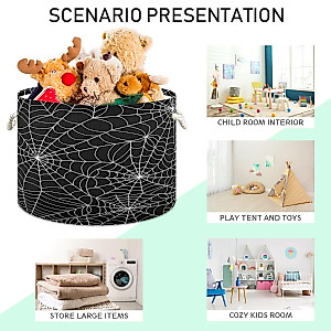 Halloween Gray Spider Web Storage Basket Laundry Hamper Canvas Collapsible Storage Organizer Bin with Handle for Clothes Books Playroom Decor