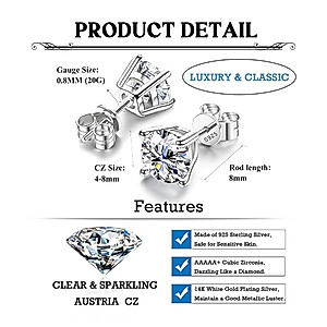 Sllaiss Sterling Silver Cubic Zirconia Stud Earrings for Women Men 14k White Gold Plated Round CZ Earrings for Sensitive Ear (4MM (0.5CT), SILVER)