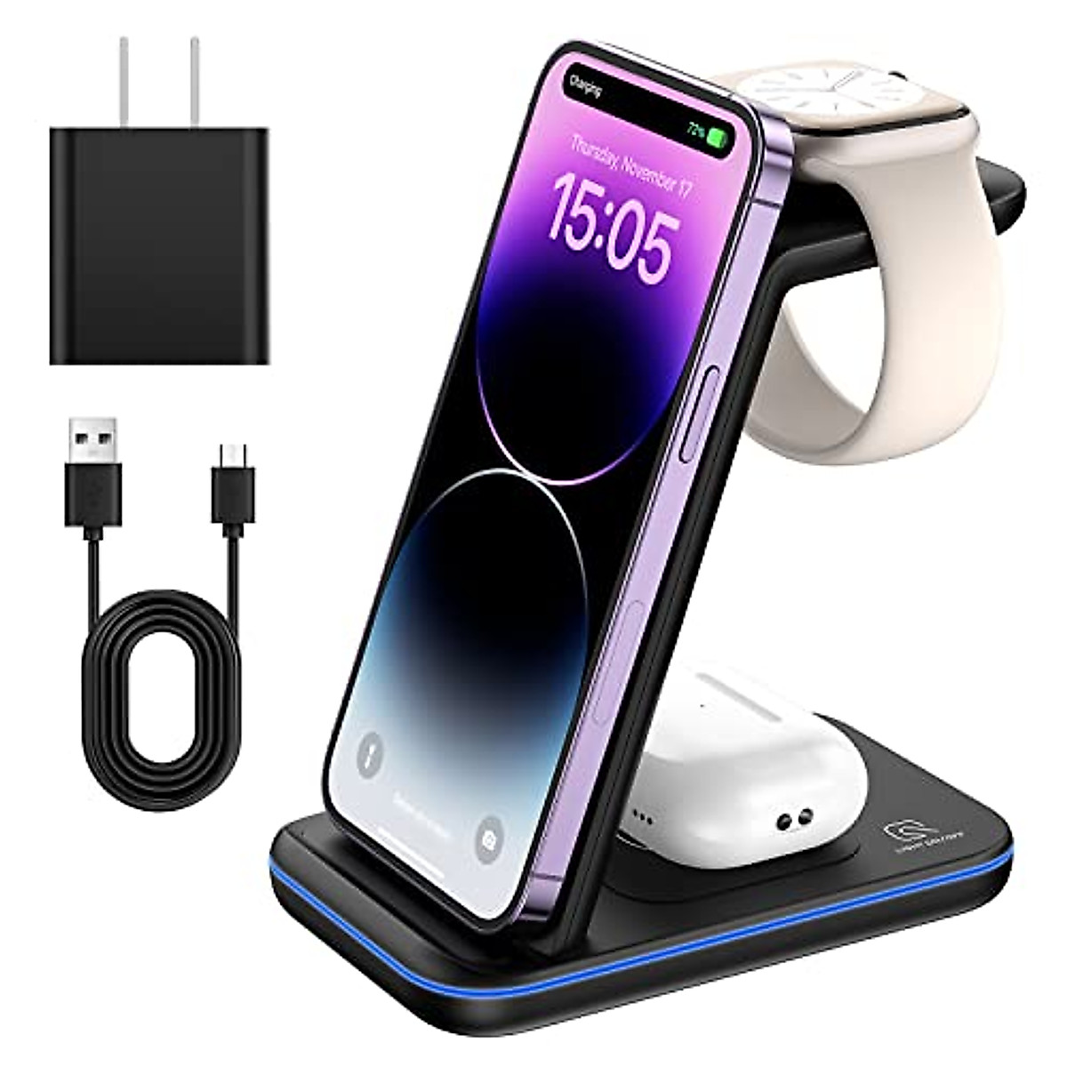 Wireless Charger 3 in 1 for iPhone/iWatch/Airpods Devices, Charging Station for iPhone 14/13/12/11/Pro Max/SE/X/XS/XR/8, Multi Charger Stand for Apple Watch iWatch 8/7/6/SE/5/4/3/2, Airpods 3/Pro/2