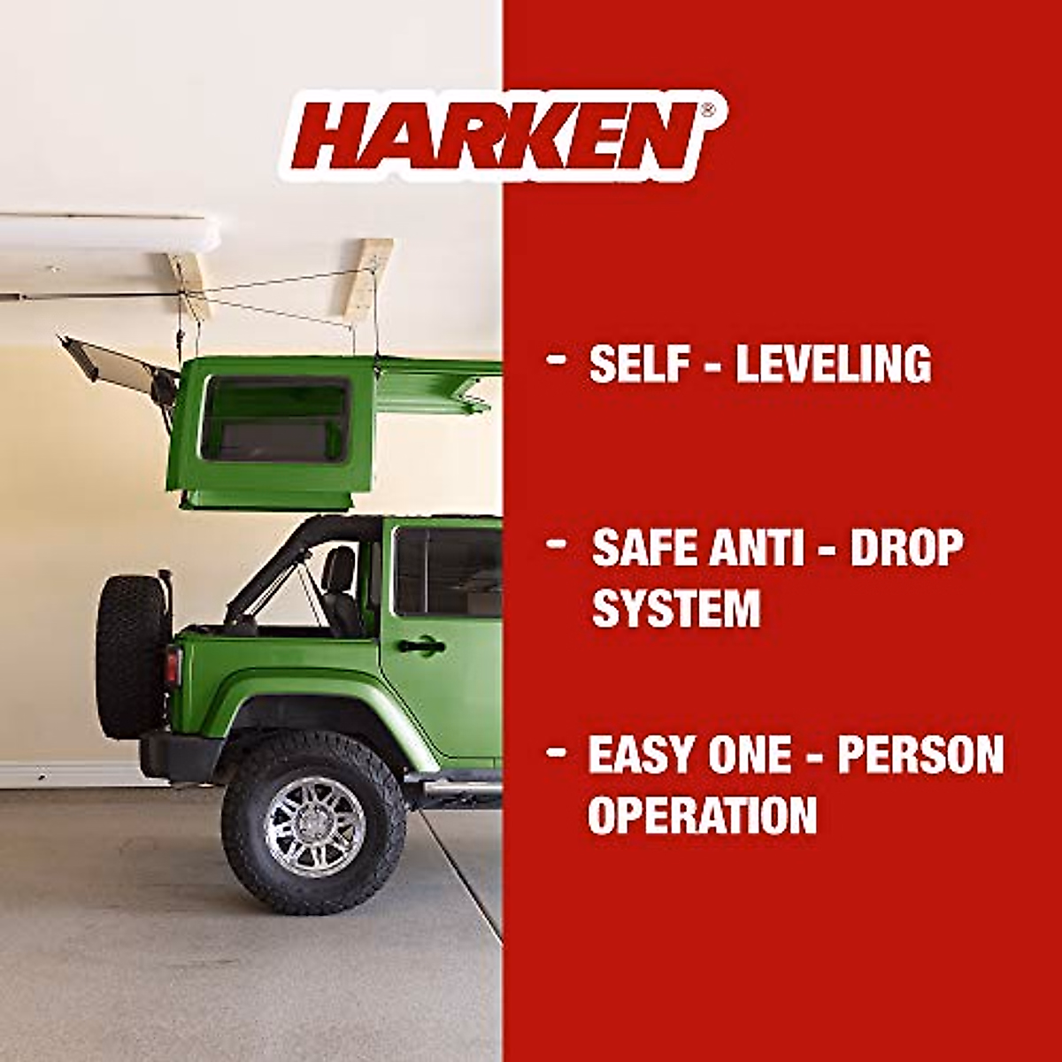 HARKEN - Hardtop Overhead Garage Storage Hoist for Jeep Wrangler and Ford Bronco, Safe Anti-Drop System, Easy One-Person Operation, Smart Garage Organization, (Freedom Panel Storage Capacity)