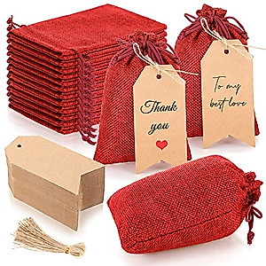 50 Pcs Burlap Gift Bags with Drawstring, 4x6 Inch Small Party Favor Gift Bags Red Drawstring Burlap Bags with 50 Gift Tags and 50 String Jewelry Pouches for Christmas, Wedding Favors, DIY Craft Bags