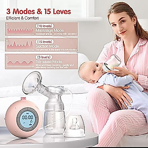 Breast Pump, BabyKing Electric Breast Pump with 3 Modes & 15 Levels, Pain Free Strong Suction Power, Ultra-Quiet Rechargeable for Travel & Home