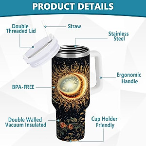 Slewiaeky Tumbler with Handle 40 oz Multicolor Sun Golden Bird Travel Mug with Lid and Straw Stainless Steel Vacuum Insulated Water Bottle Cup for Iced Tea Coffee Cold Beverages Cup Holder Friendly